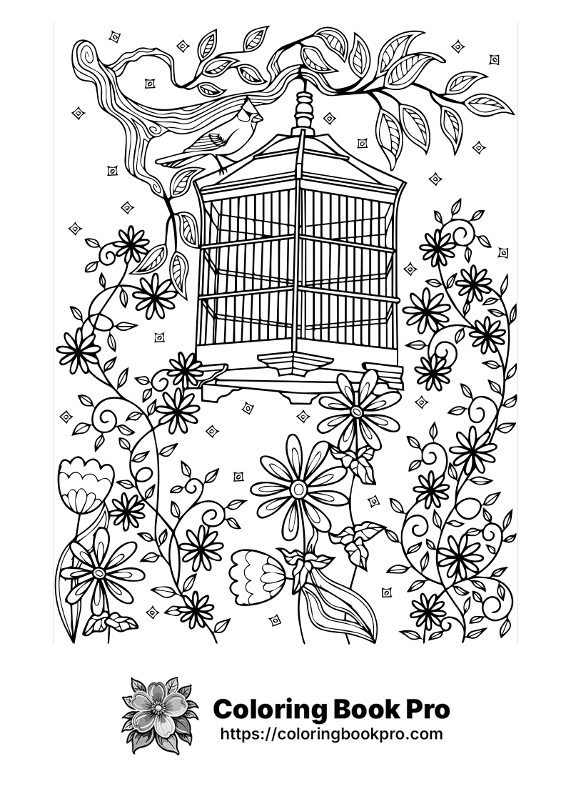 A coloring page of a bird cage surrounded by flowers Coloring Page ...