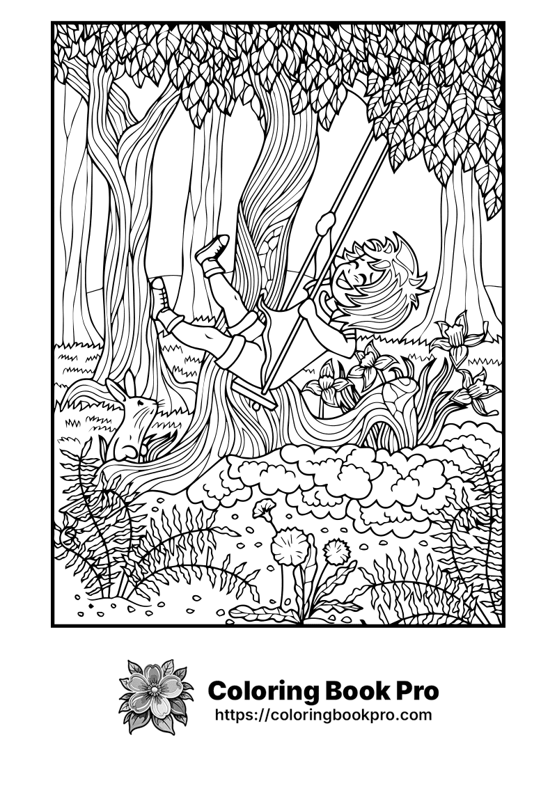 A coloring page of a boy swinging on a swing | trees_plants_85 | Trees ...
