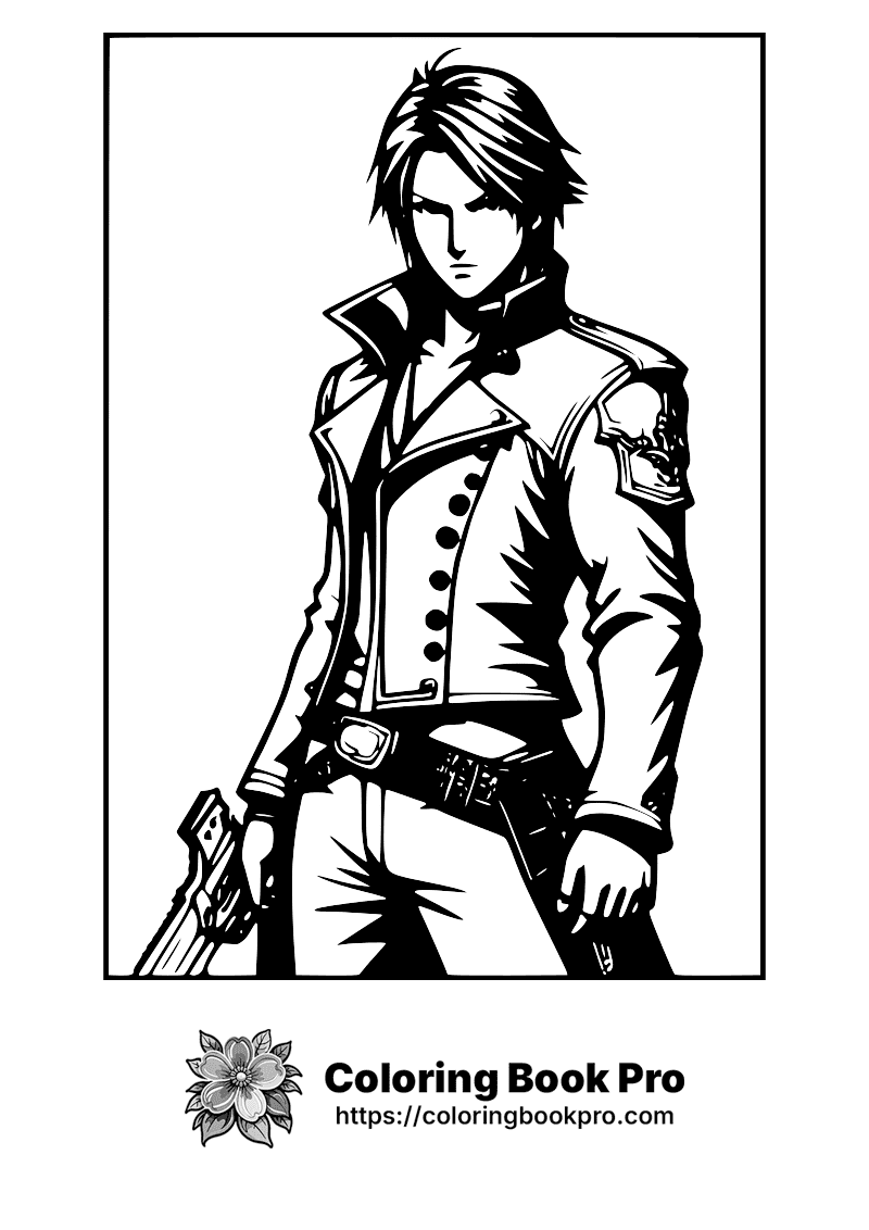 A black and white drawing of Squall from Final Fantasy 8 with a gun ...
