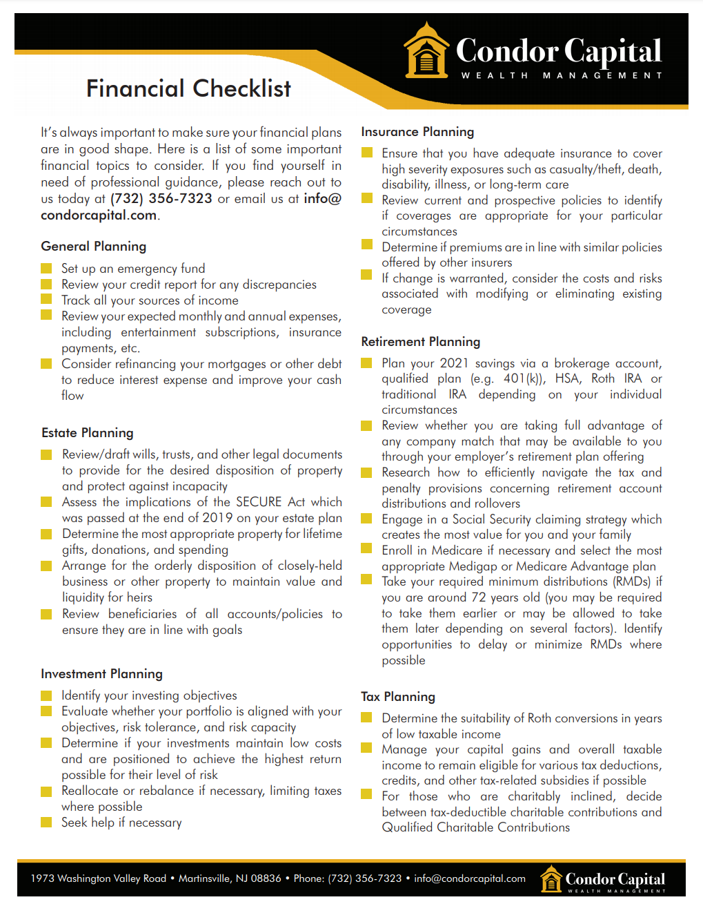 Our Financial Checklist Condor Capital Wealth Management Our Financial Checklist Condor Capital Wealth Management