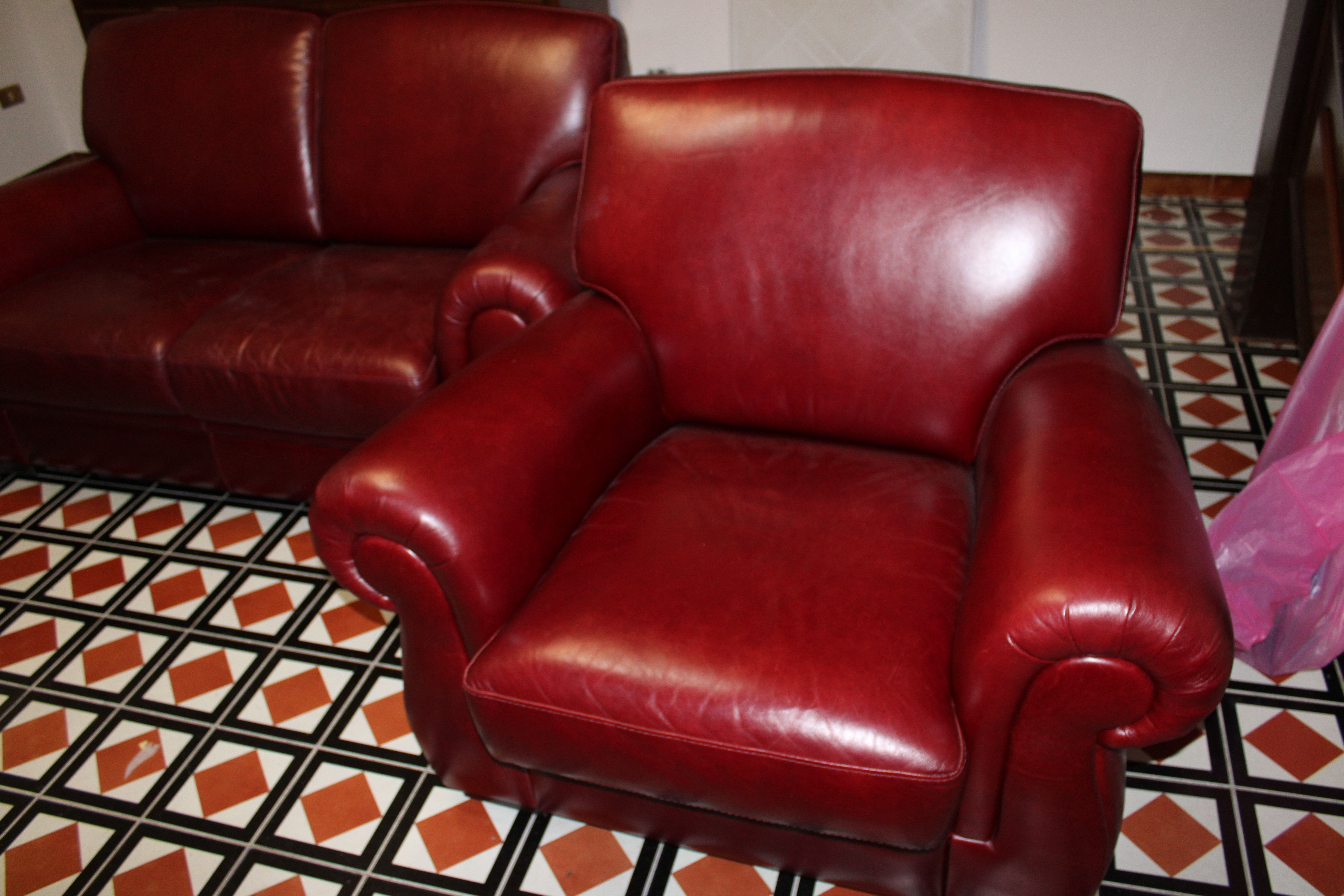 Bross Leather Sofa and 2 Armchairs Set (Red), Bross | Deesup