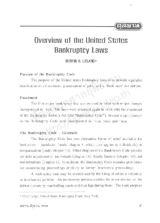 Overview of the United States Bankruptcy Laws