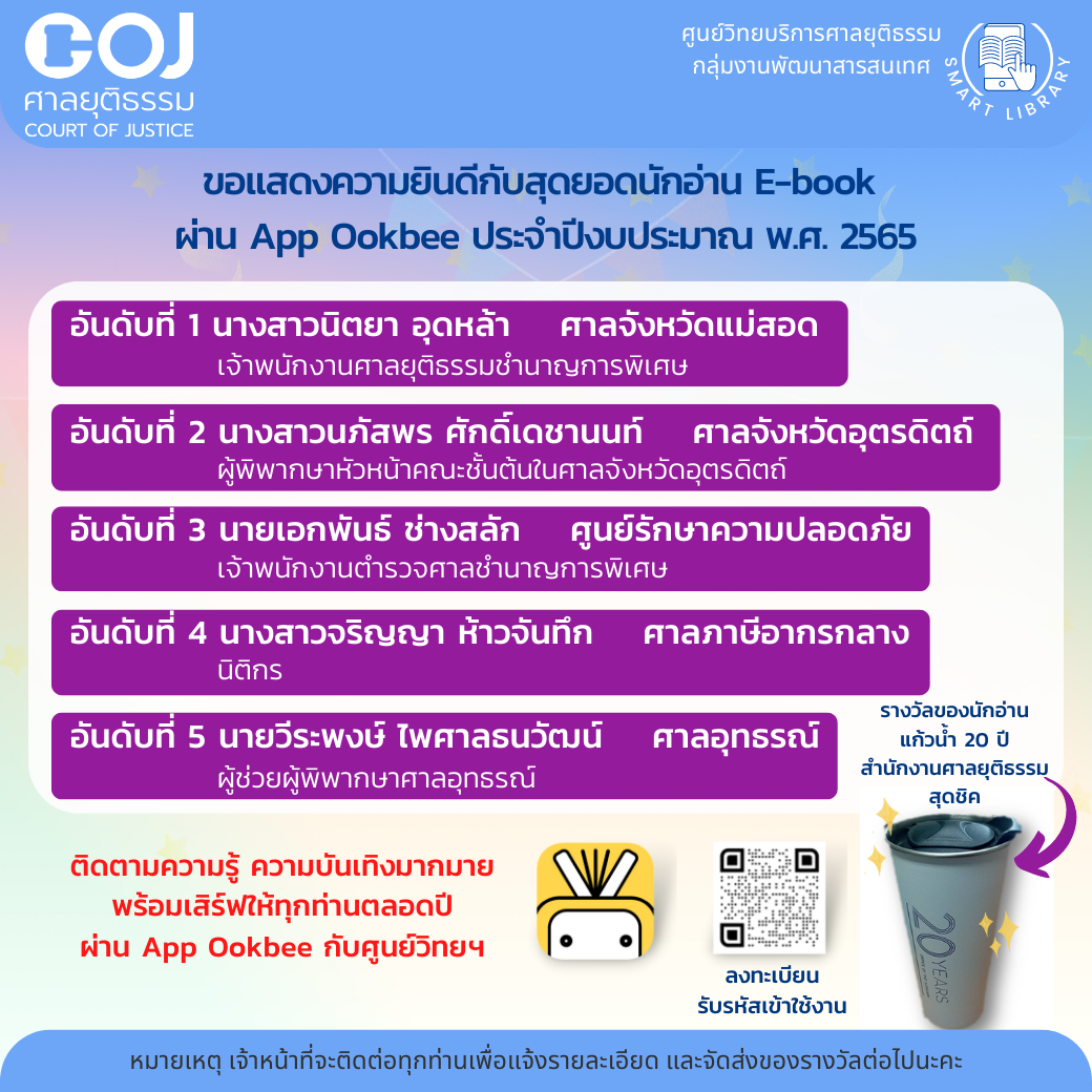 ขอแสดงความยินดีกับสุดยอดนักอ่าน E-book ผ่าน App Ookbee ประจำปีงบประมาณ พ.ศ. 2565