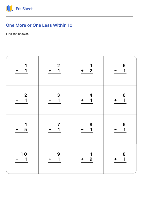 One More or One Less Within 10 Worksheets | Free Download at Orchids ...
