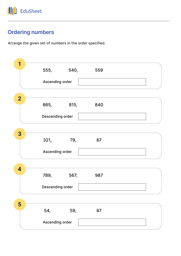 Ordering numbers Worksheets | Free Download at Orchids International