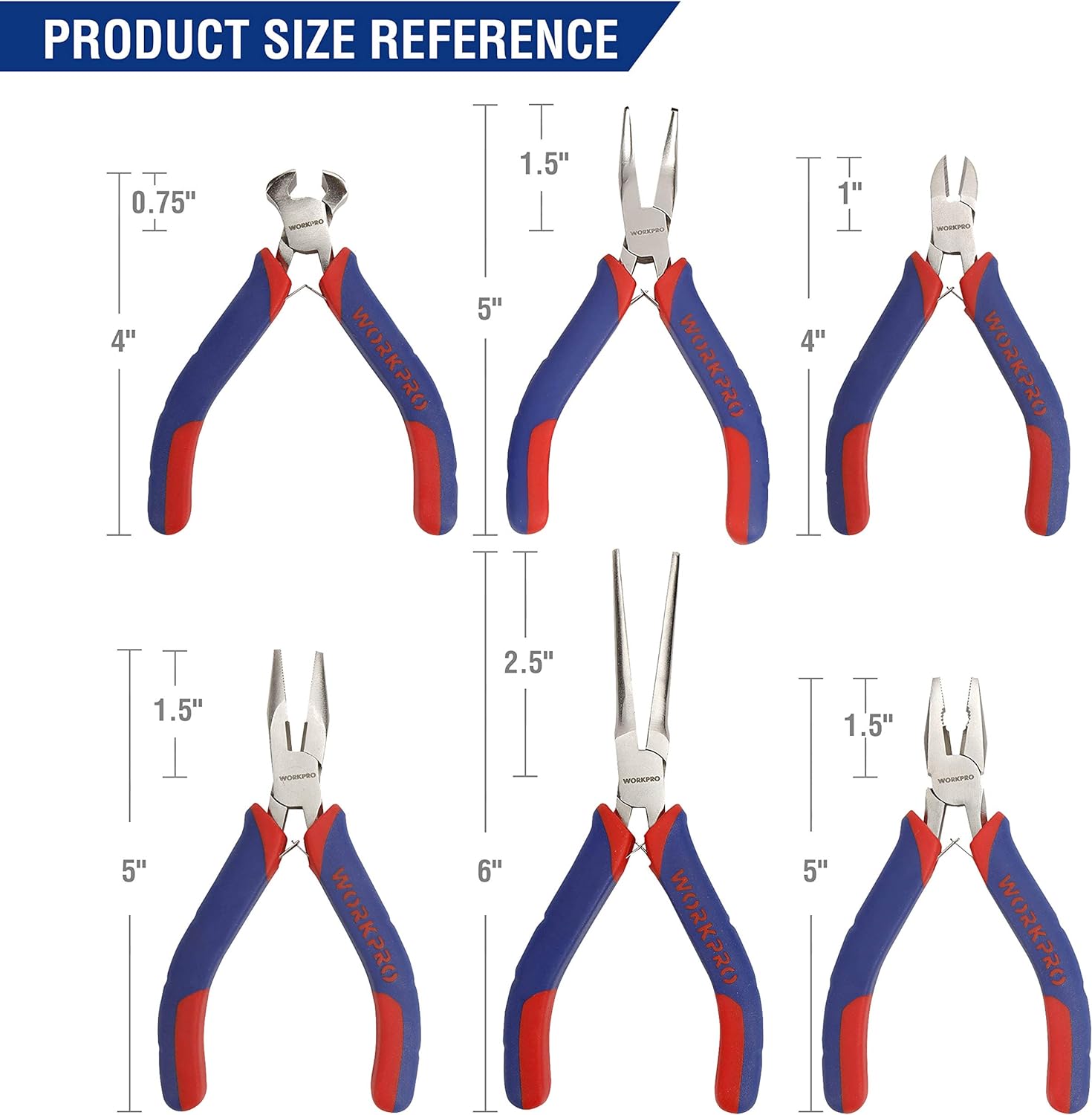 Workpro 6-piece Mini Pliers Set - Needle Nose, Diagonal, Long Nose ...