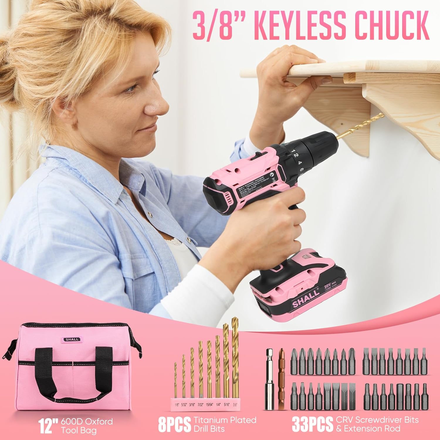 Shall 18V Cordless Pink Drill Set - Eezee