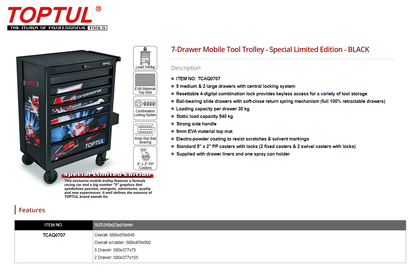 Toptul TCAQ0707 7 Drawer Mobile Tool Trolley - Eezee