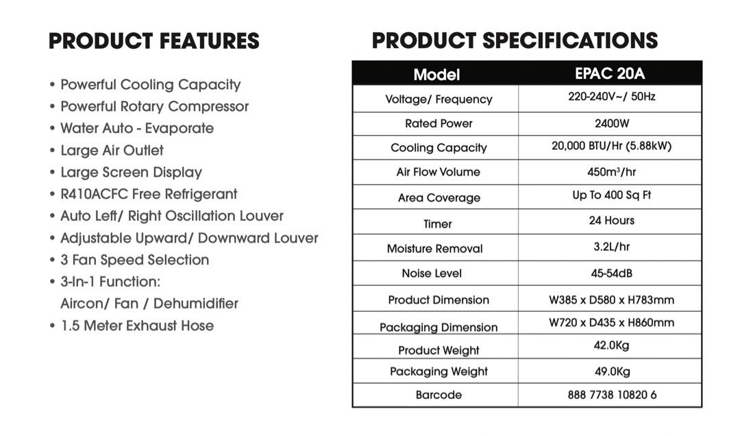 Europace Commercial Grade 20,000 Btu Portable Aircon EPAC 20A - Eezee