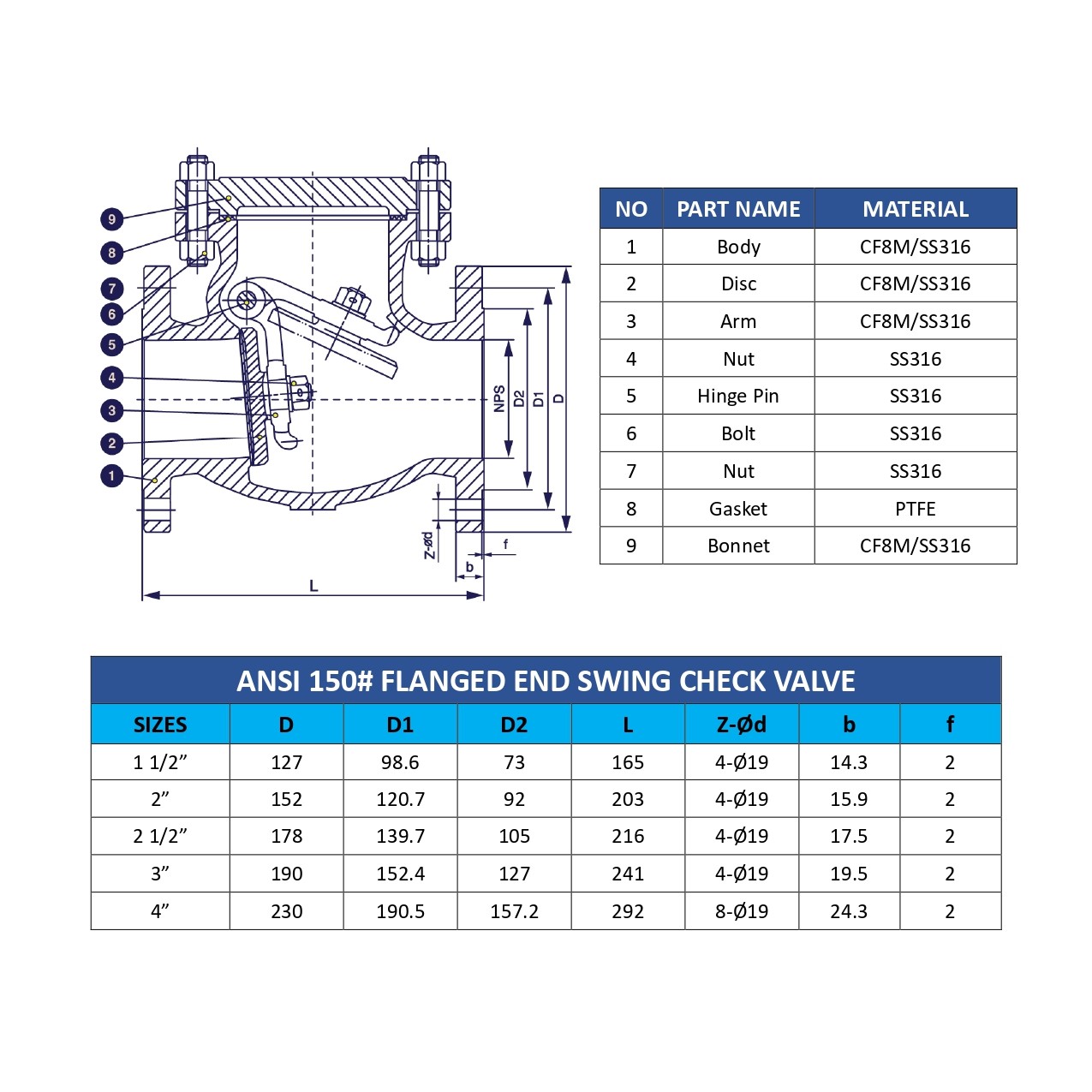 Af Hydro Stainless Steel 316 Swing Check Valve, 2 1/2" 150# Flange End ...