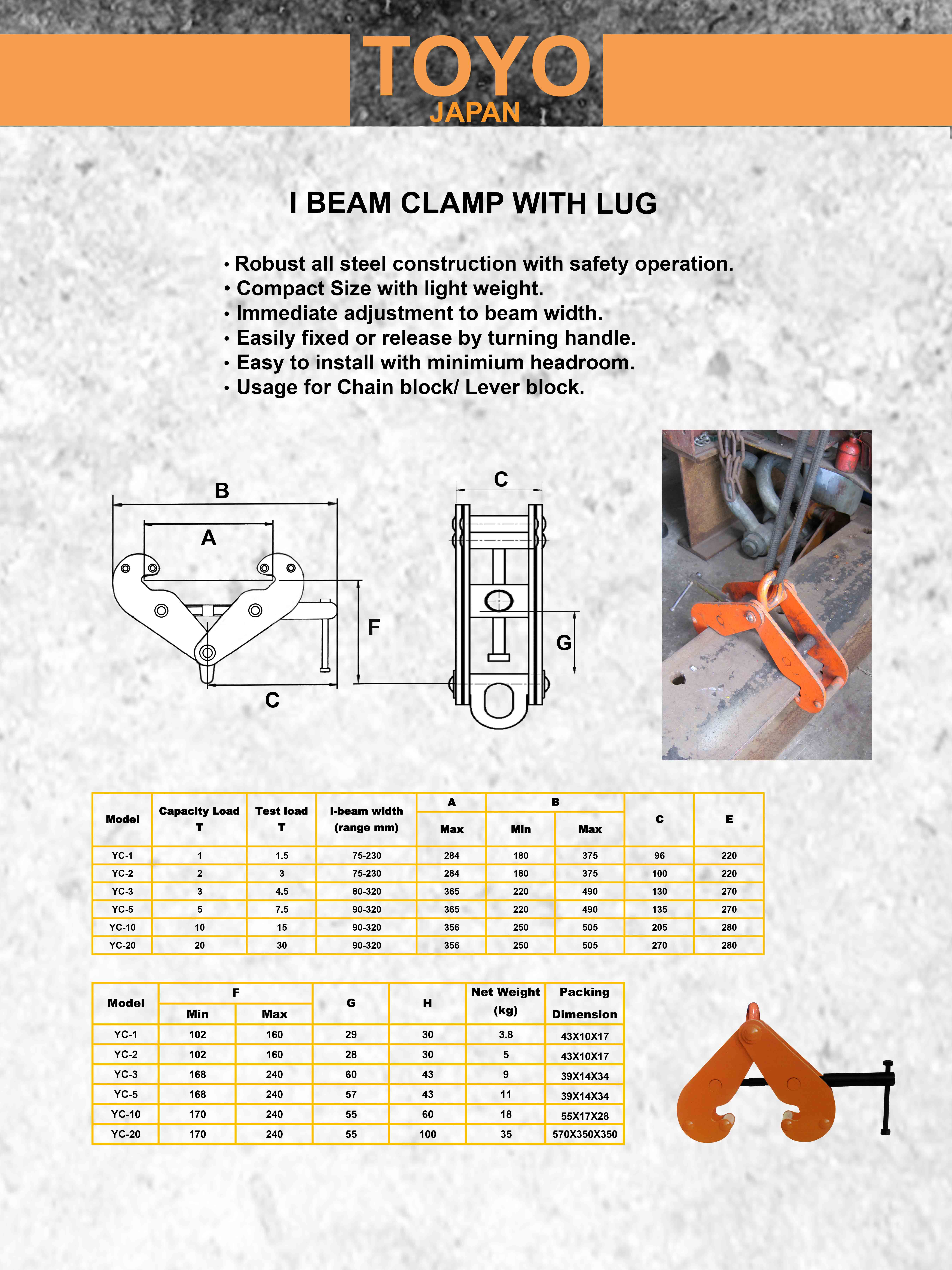 Toyo YC1 Beam Clamp | 1T | With Mom Certificate - Eezee
