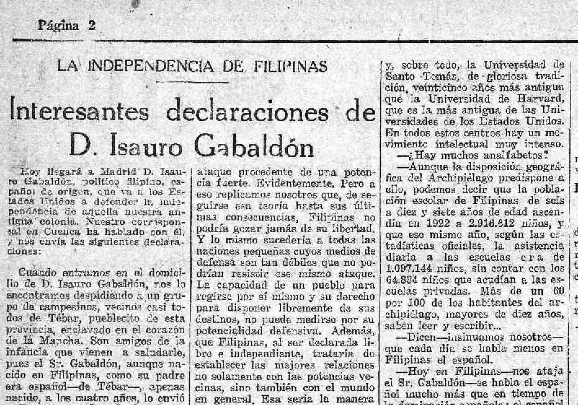 Isauro Gabaldón, el filipino de Tébar que fue Comisionado en el ...