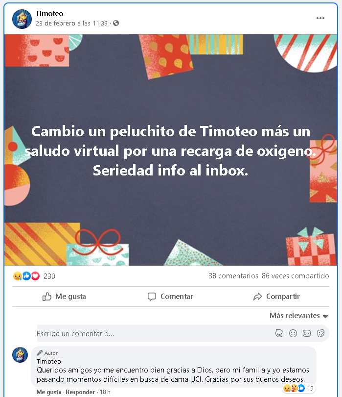 Timoteo cambia peluche y saludo virtual por un balón de oxígeno - El Tiempo