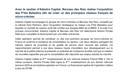 PDF - ADAXTRA Capital accompagne Berceau des Rois dans l'acquisition du ...