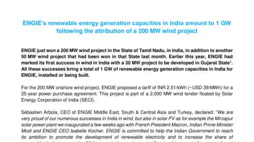 ENGIE’s renewable energy generation capacities in India amount to 1 GW ...