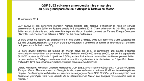 GDF SUEZ et Nareva annoncent la mise en service du plus grand parc ...