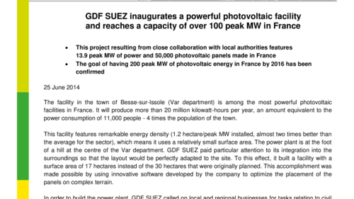 GDF SUEZ inaugurates a powerful photovoltaic facility and reaches a ... GDF SUEZ inaugurates a powerful photovoltaic facility and reaches a ...