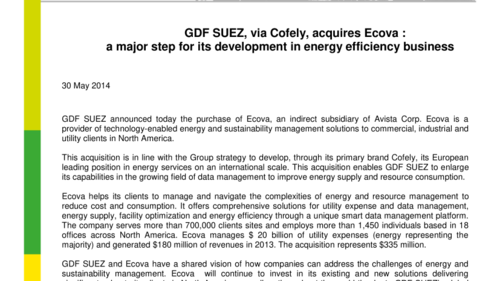 GDF SUEZ, via Cofely, acquires Ecova : a major step for its development ...