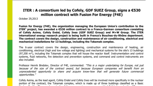 ITER - A consortium led by Cofely, GDF SUEZ Group, signs a €530 million ...