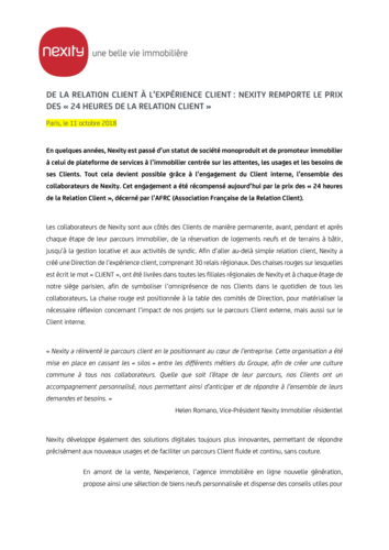 PDF - CP_DE LA RELATION CLIENT À L’EXPÉRIENCE CLIENT NEXITY REMPORTE LE PRIX DES 24 HEURES DE LA ...