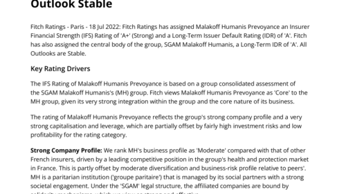 Fitch Rates Malakoff Humanis Prevoyance IFS 'A+' ; Outlook Stable ...