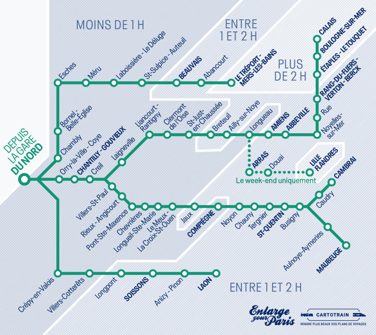 La carte des destinations accessibles en TER en moins de 3 h depuis Paris