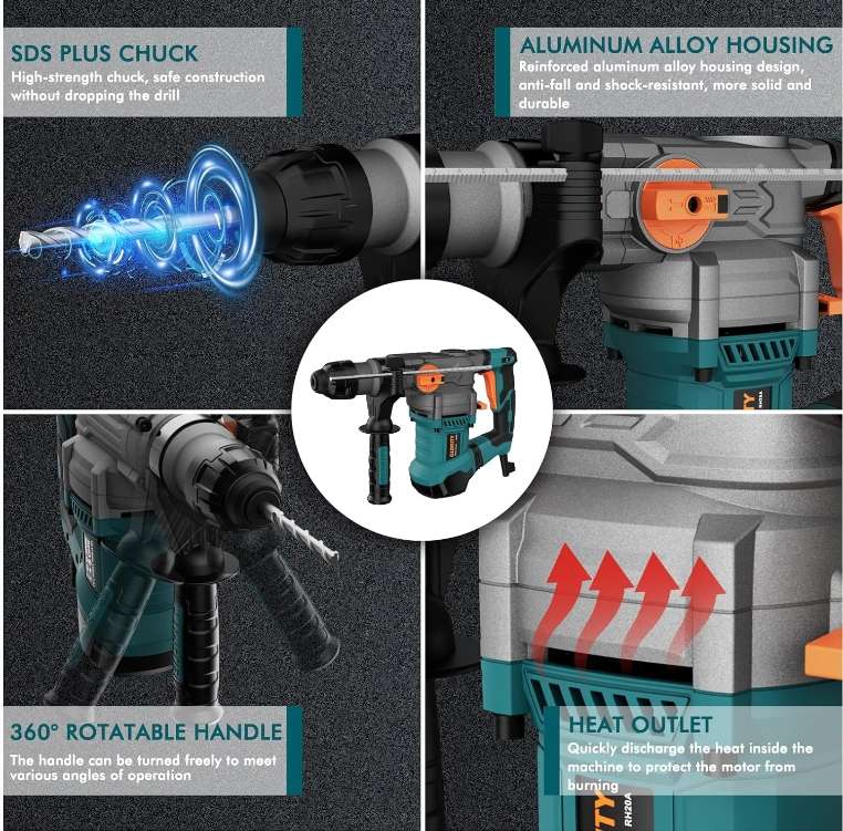 GLORITY 1-1/4 Inch SDS-Plus 13 Amp Heavy Duty Rotary Hammer Drill with ...