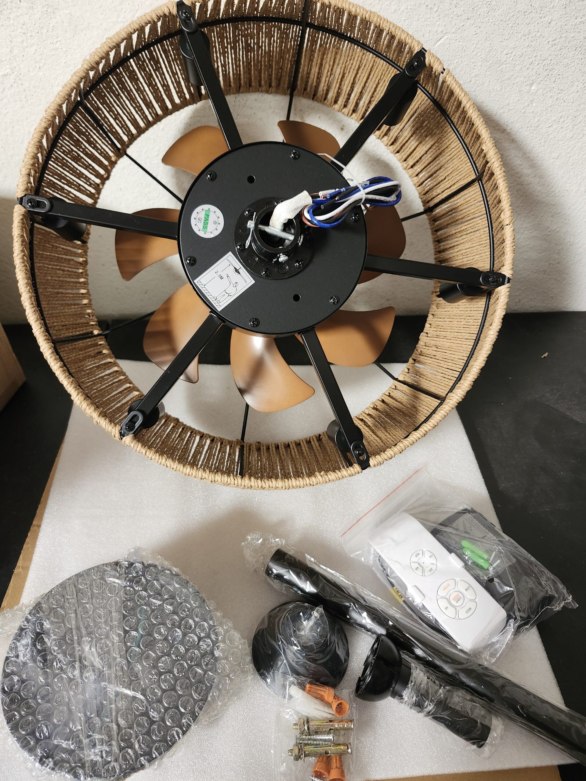 Enfield 20 in. Indoor Rattan Hemp Rope Boho Tan Caged Ceiling Fan with ...