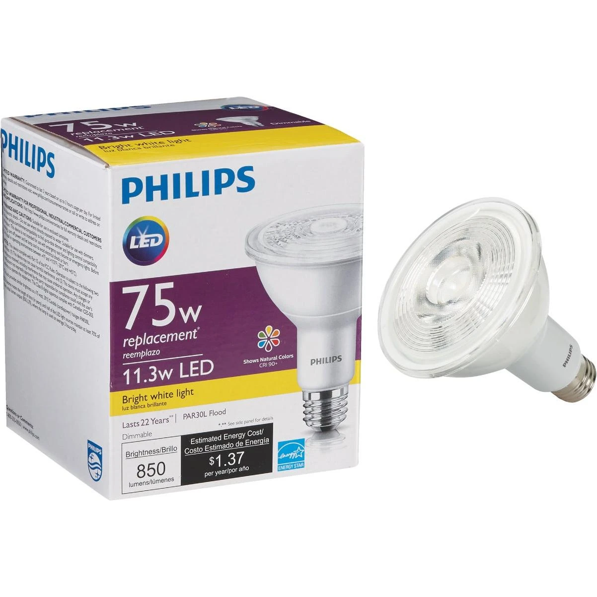 Philips 75W Equivalent Bright White PAR30 Long Neck Medium Dimmable LED Floodlight Light Bulb ...