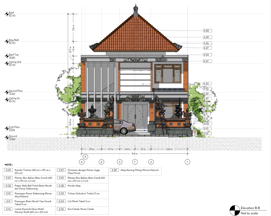 Gambar atau Gambar Ulang 2D Desain Berwarna Denah, Tampak dan Potongan