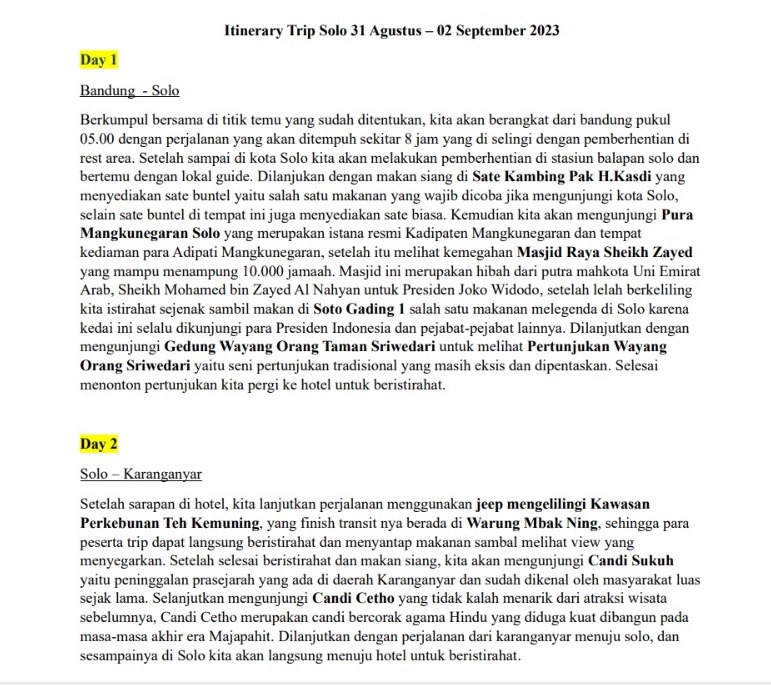 Jasa pembuatan paket wisata, itinerary/jadwal perjalanan, rundown, RAB