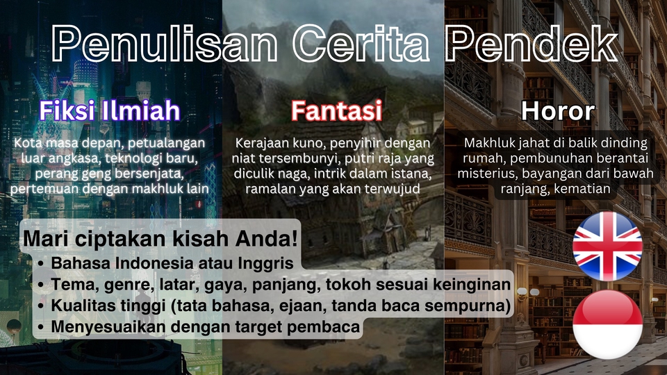 Jasa Penulisan Cerita Pendek Fiksi Ilmiah, Fantasi, dan Horor Untuk Anda