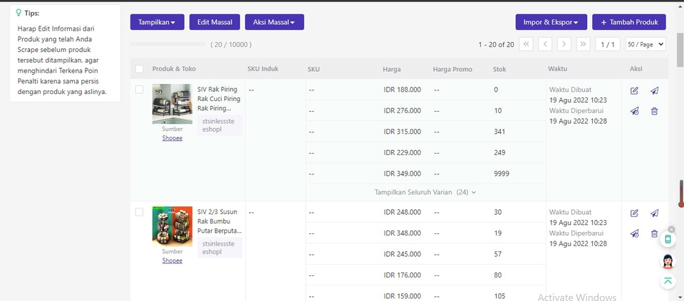 Jasa scrape Shopee, Lazada, Tokopedia, Bukalapak, Bibli, Tiki, Sendo, Tiktok shop, dsb