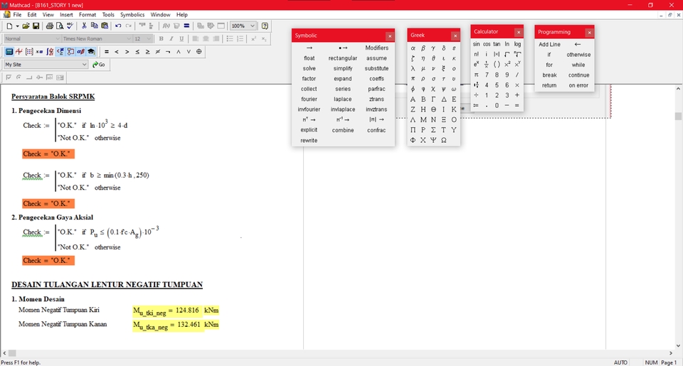 Penulisan rumus perhitungan mengggunakan software MathCAD 15