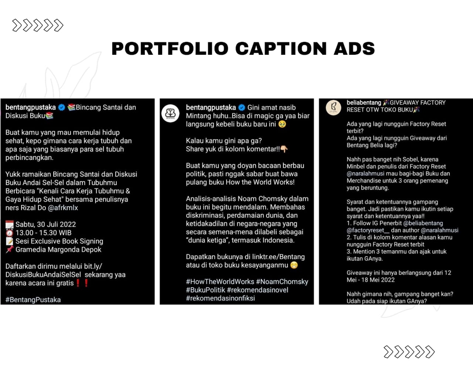 Menulis caption ads di all sosial media platforms. Bisa disesuaikan dan ...
