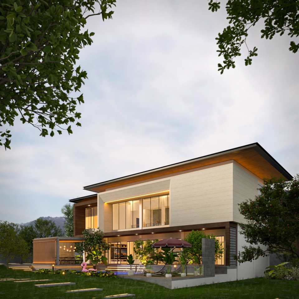 Render realistis eksterior rumah, apartemen, dan perumahan developer.