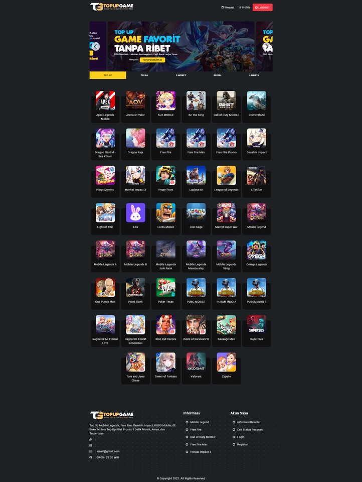 Website Top Up Game, Pulsa, Emoney, Social Media