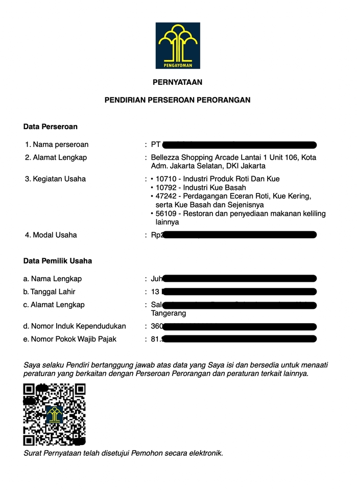Jasa PT Perorangan, PT, CV, Firma, Yayasan dan Badan Hukum Lainnya