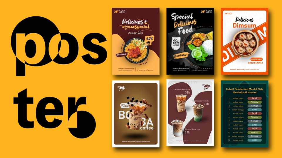 Desain poster produk, banner, kartu nama.