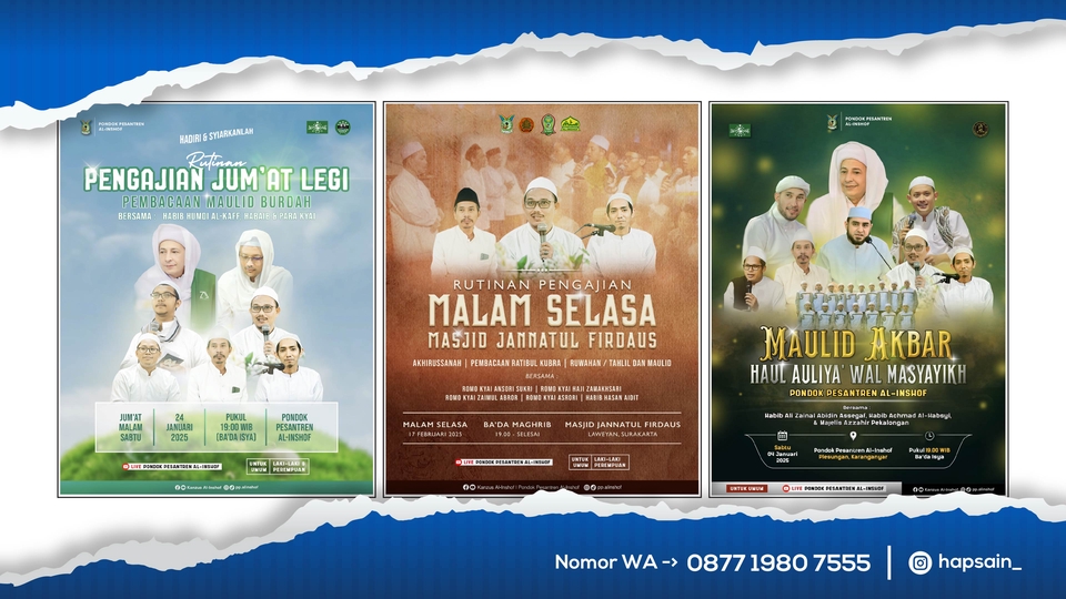 Desain Poster Event, Pengajian, dan Musik dengan Gaya Modern & Klasik