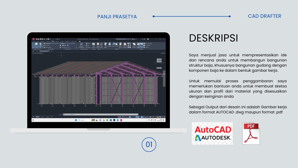 Jasa gambar kontruksi gudang baja dengan Autocad