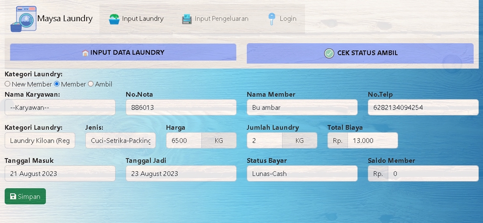 Dashboard Laundry Integrasi Whatsapp