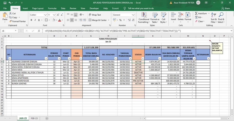 APLIKASI EXCEL AKUNTANSI PENYESUAIAN BIAYA DIBAYAR DI MUKA