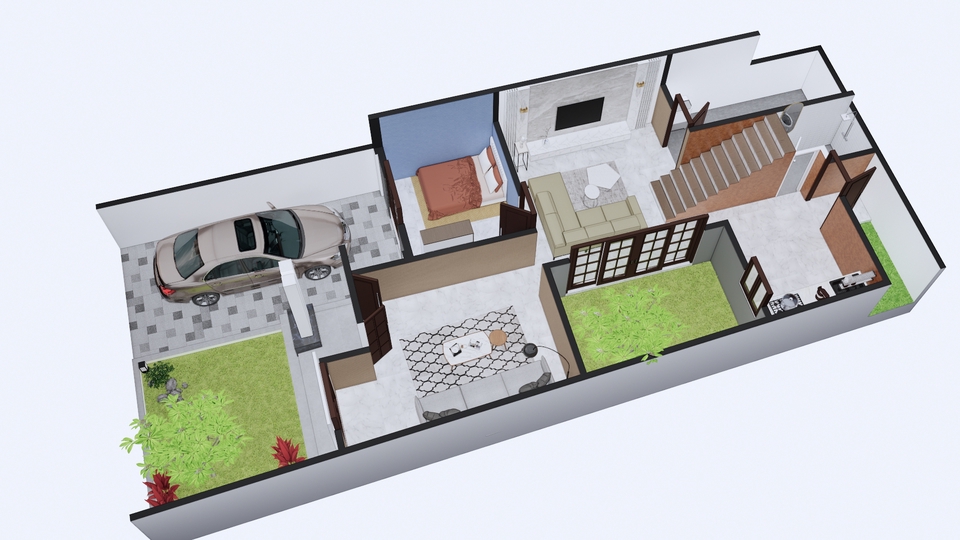 Denah Rumah Shop Drawing 2D dan Denah 3D Ruangan