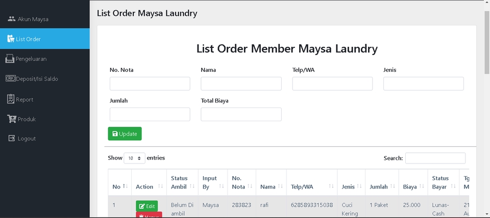 Dashboard Laundry Integrasi Whatsapp