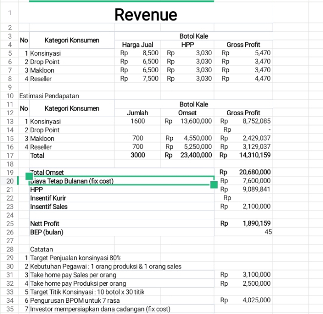 Jasa pembuatan cash flow business plan, HPP dna revenue produk usaha