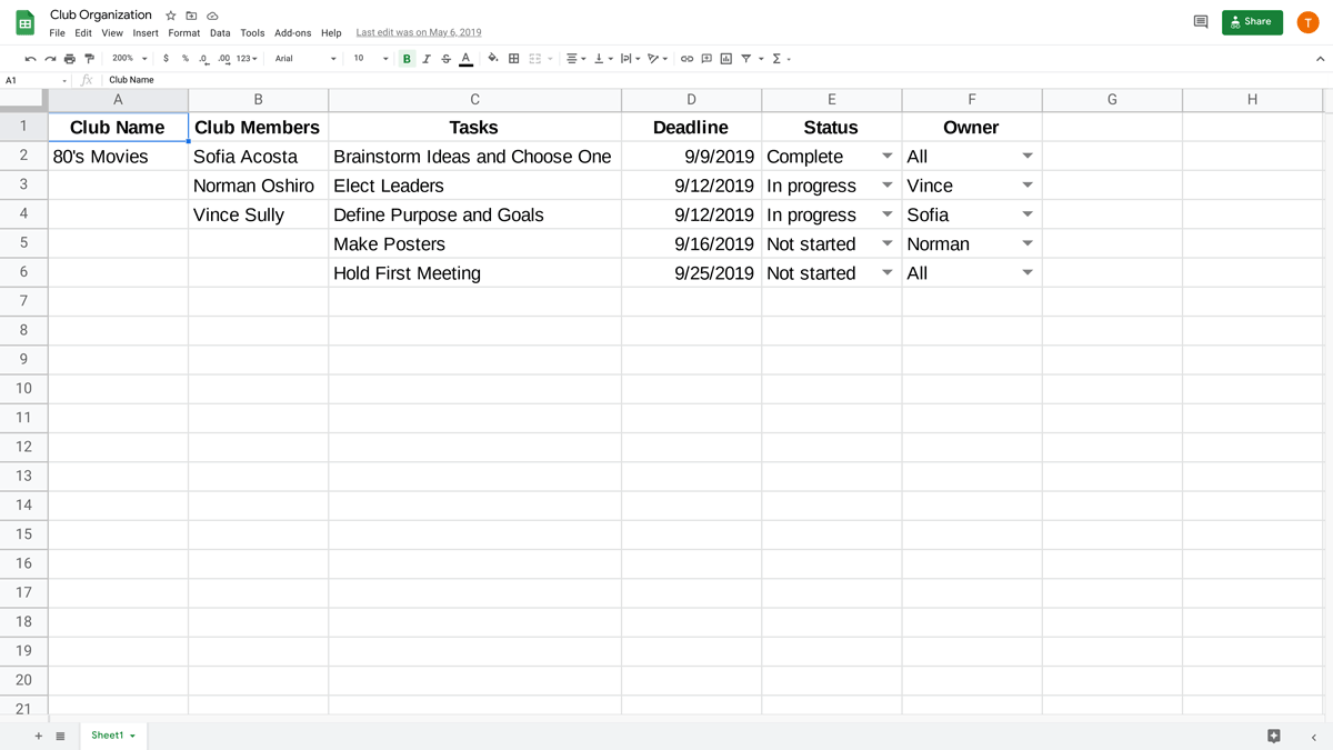 Organize A Club With Google Sheets Applied Digital Skills