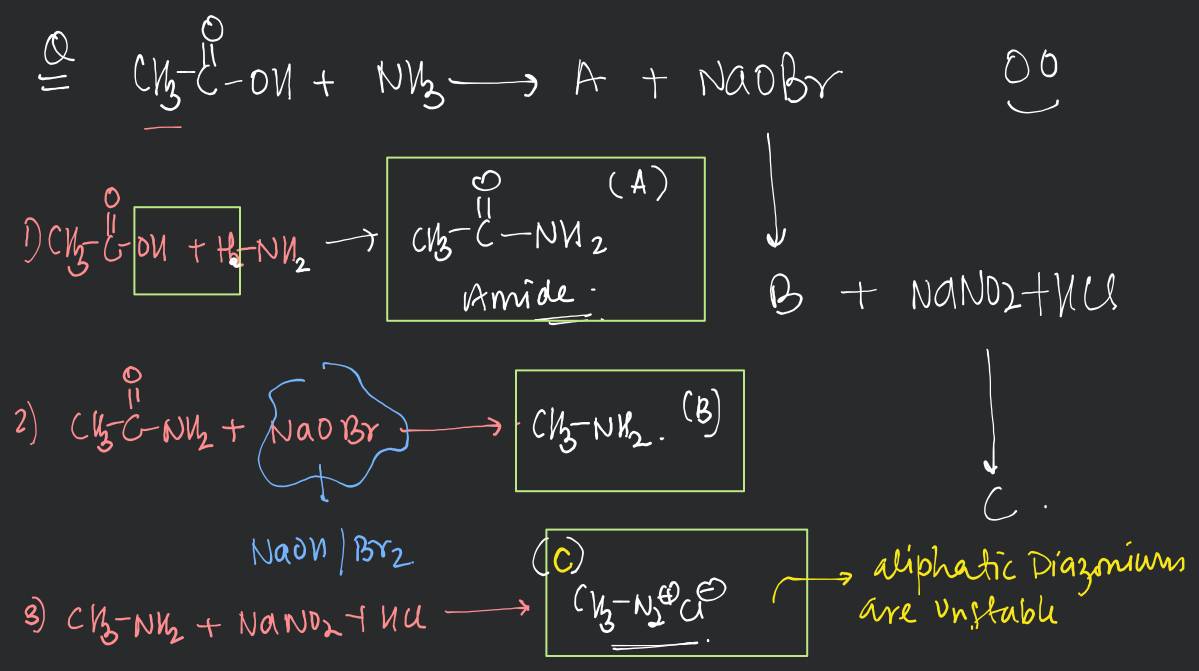 CH3COOH + NH3 -------> A + NaOBr ---------> B + NaNO2 / HCl ---------> C..