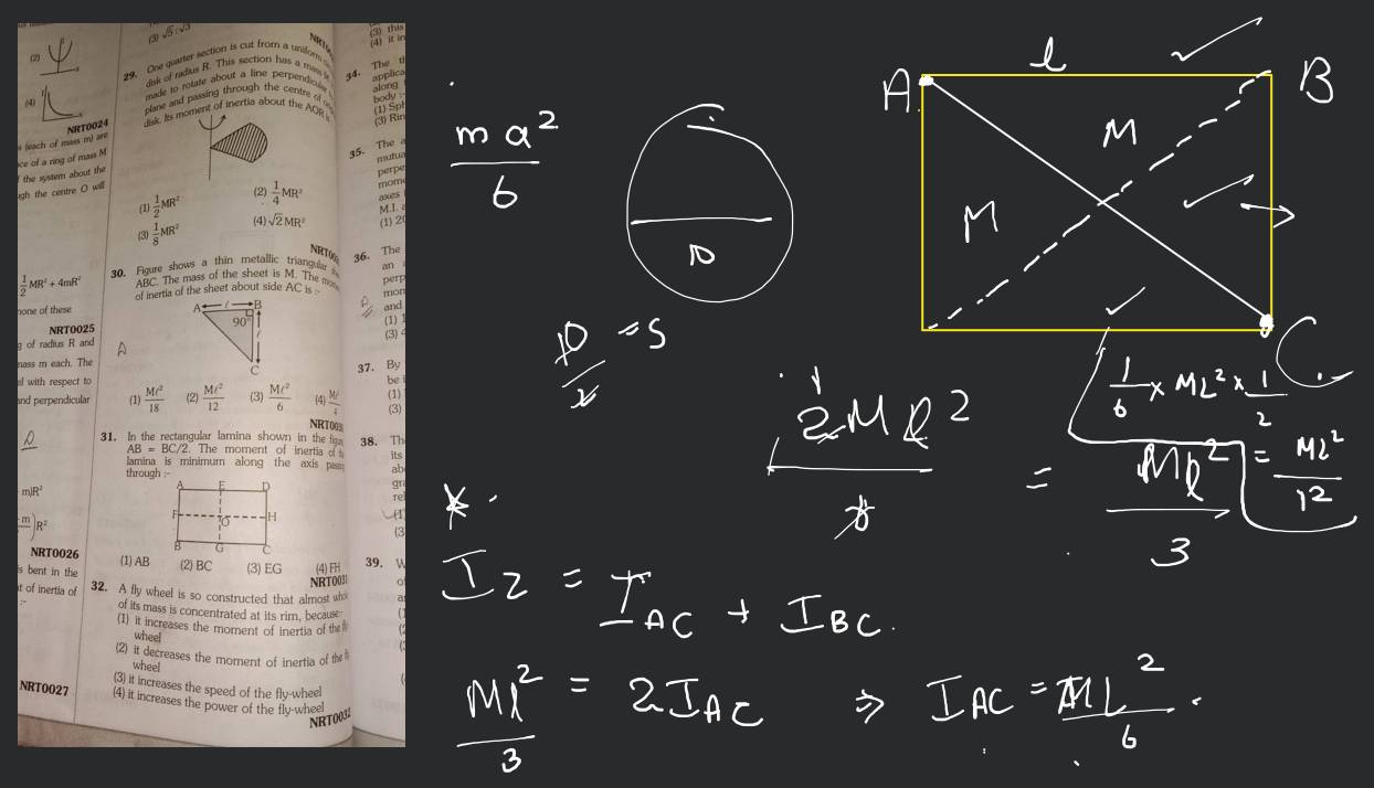 In the rectangular lamina shown in the figure, AB=BC/2. The moment of ine..