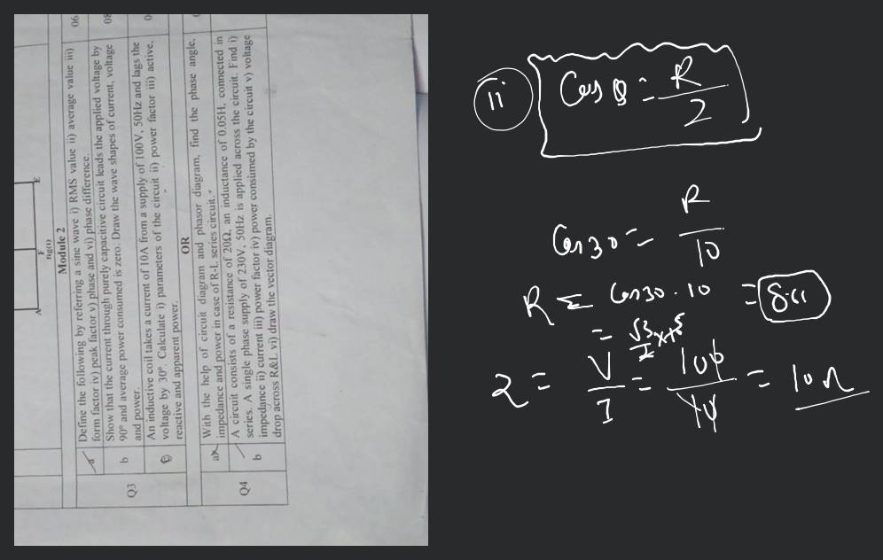 An inductive coil takes a current of 10 A from a supply of 100 V,50 Hz an..